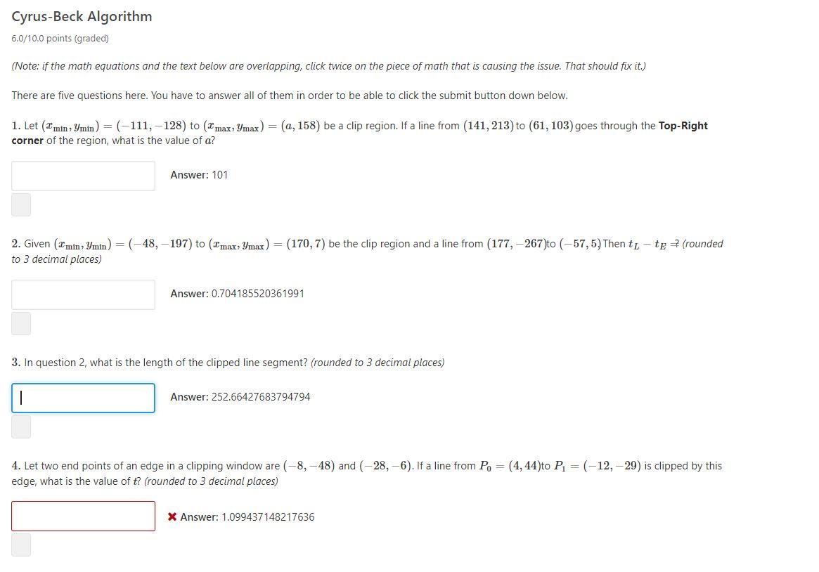 Solved Cyrus-Beck Algorithm 6.0/10.0 points (graded) (Note: | Chegg.com