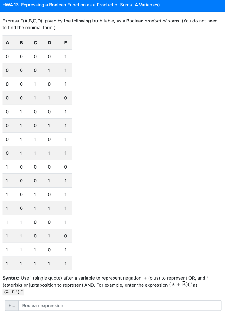 Solved HW4.13. Expressing a Boolean Function as a Product of | Chegg.com