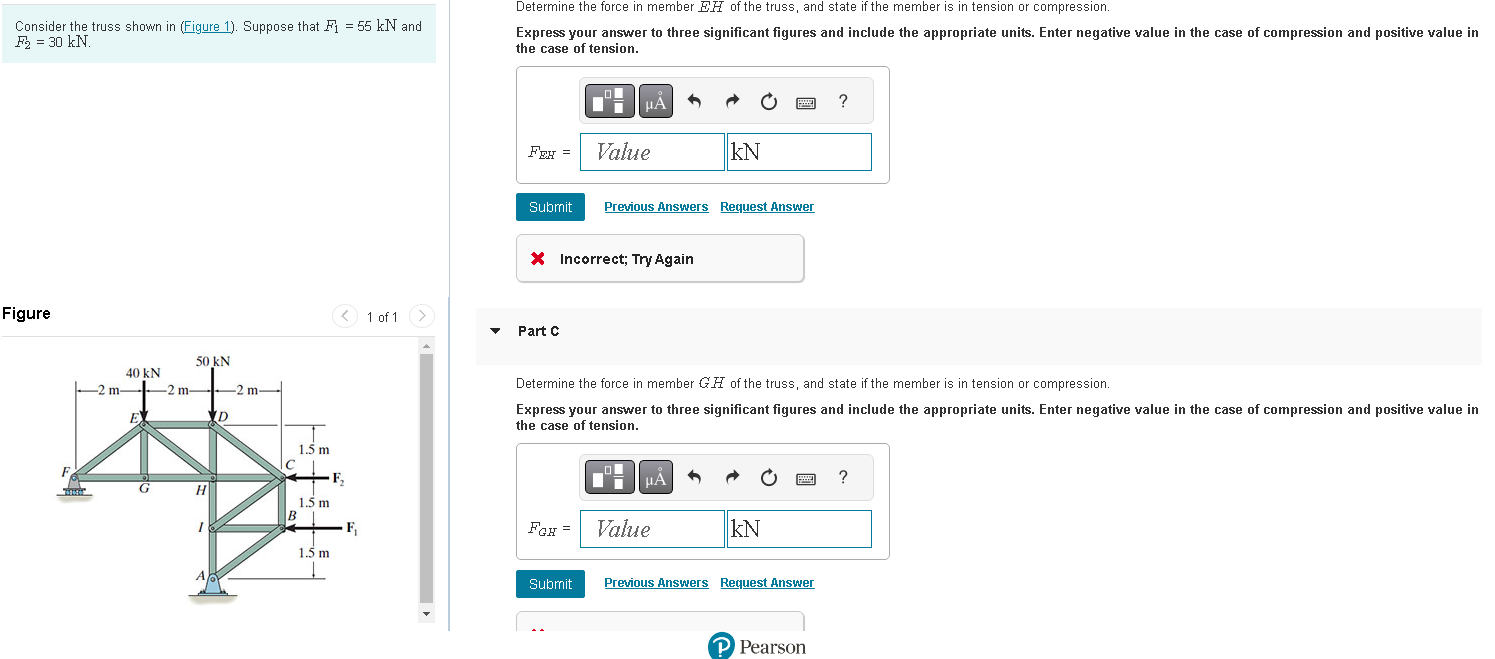 Solved Determine the force in member EH of the truss, and | Chegg.com
