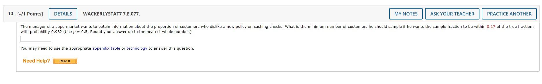 Solved 13. [-/1 Points) DETAILS WACKERLYSTAT7 7.E.077. MY | Chegg.com Solved 13. [-/1 Points) DETAILS WACKERLYSTAT7 7.E.077. MY | Chegg.com