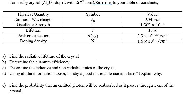 Solved For a ruby crystal (Al2O2 doped with Cr+3 ions). | Chegg.com