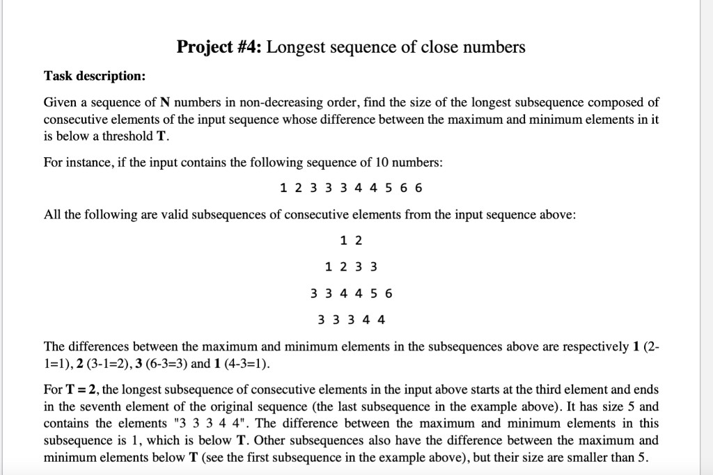 Solved Project #4: Longest sequence of close numbers Task | Chegg.com