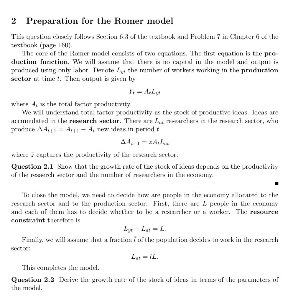 Solved 2 Preparation for the Romer model This question | Chegg.com