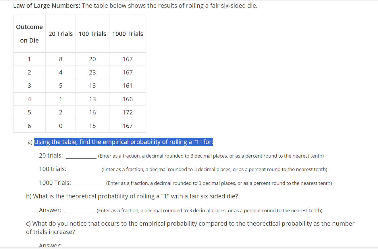 Solved a) Using the table, find the empirical probability of | Chegg.com