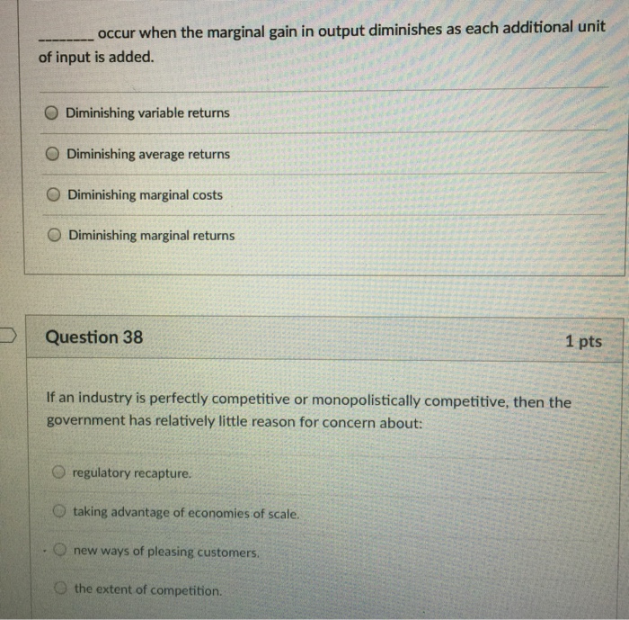 Solved _____occur when the marginal gain in output | Chegg.com
