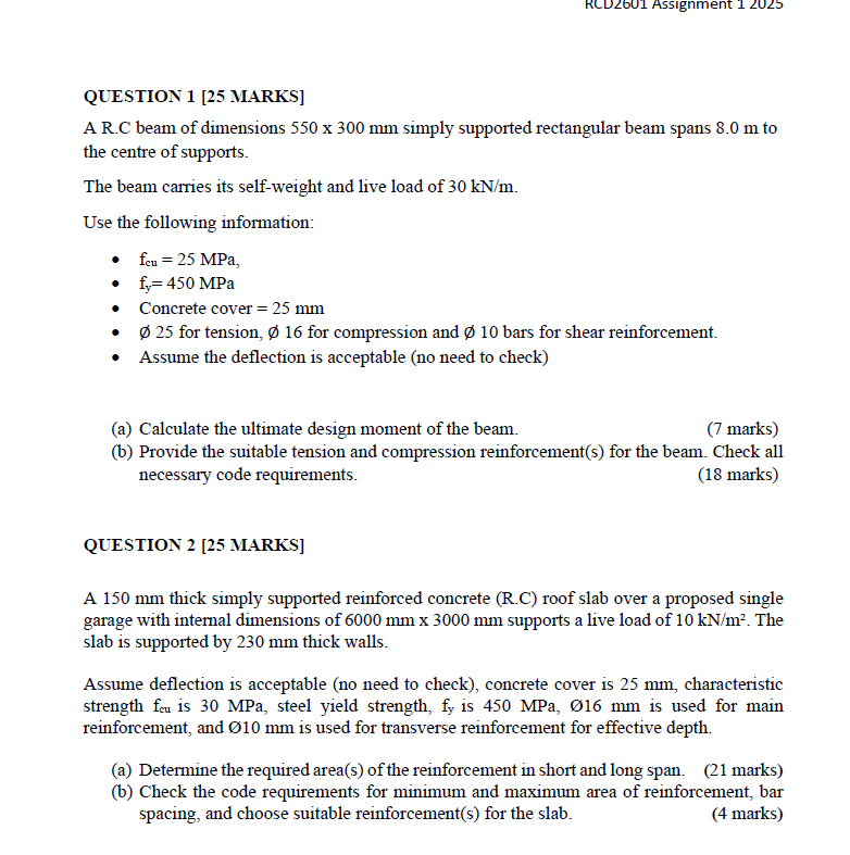 QUESTION 1 [ 25 ﻿MARKS]A R.C ﻿beam of ﻿dimensions | Chegg.com