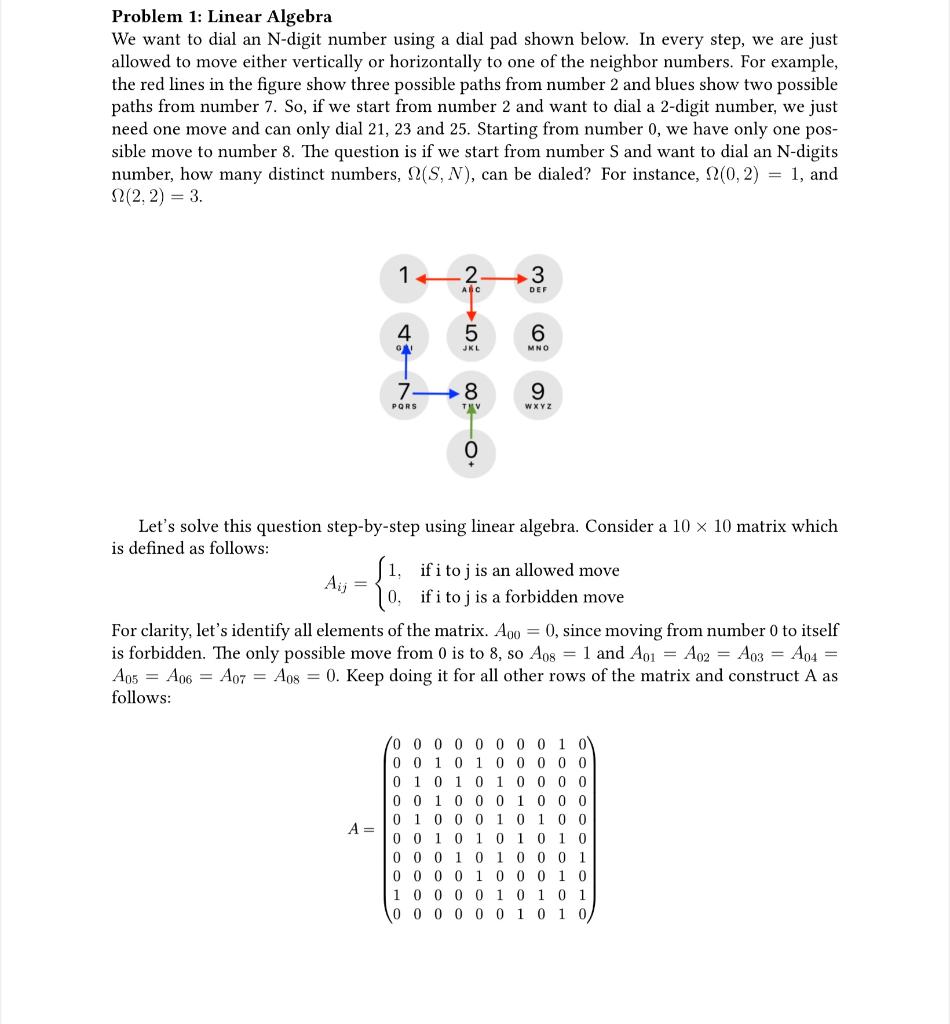 Problem 1: Linear Algebra We want to dial an N-digit | Chegg.com