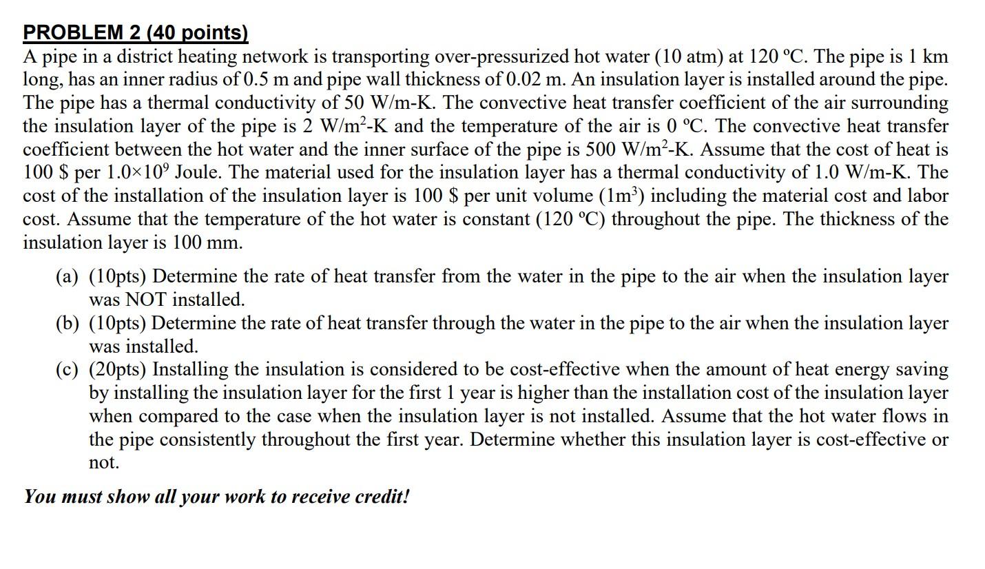 Solved PROBLEM 2 (40 points) A pipe in a district heating | Chegg.com
