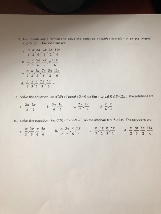 Solved 8. Use double-angle formulas to solve the equation | Chegg.com