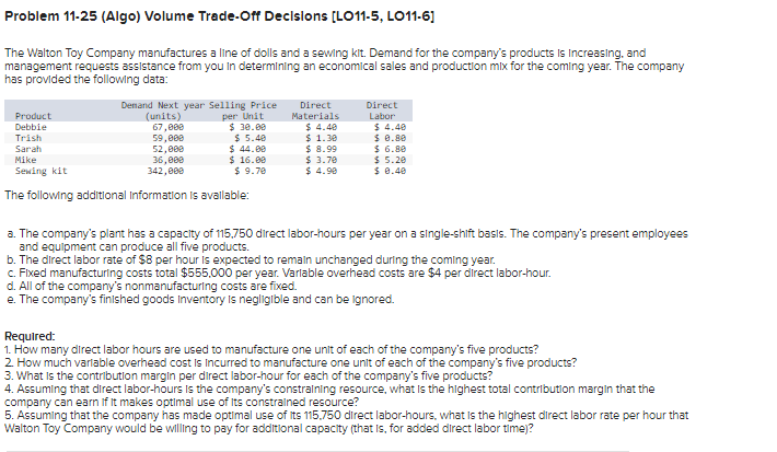 Solved Problem 11-25 (Algo) ﻿Volume Trade-Off Declsions | Chegg.com