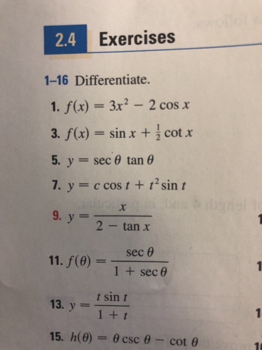 Solved 2.4 Exercises 1-16 Differentiate. 1. f(x) 3x2 -2 cos | Chegg.com