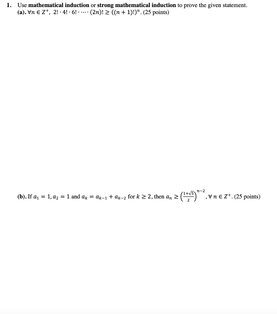 Solved 1. Use mathematical induction or strong mathematical | Chegg.com