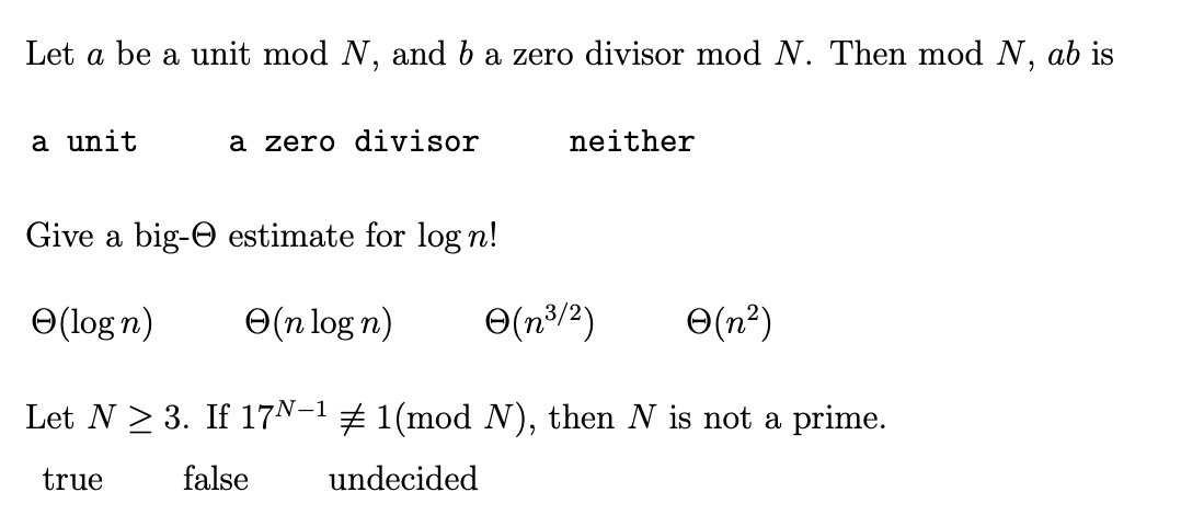 Solved Let a be a unit mod N, and b a zero divisor mod N. | Chegg.com