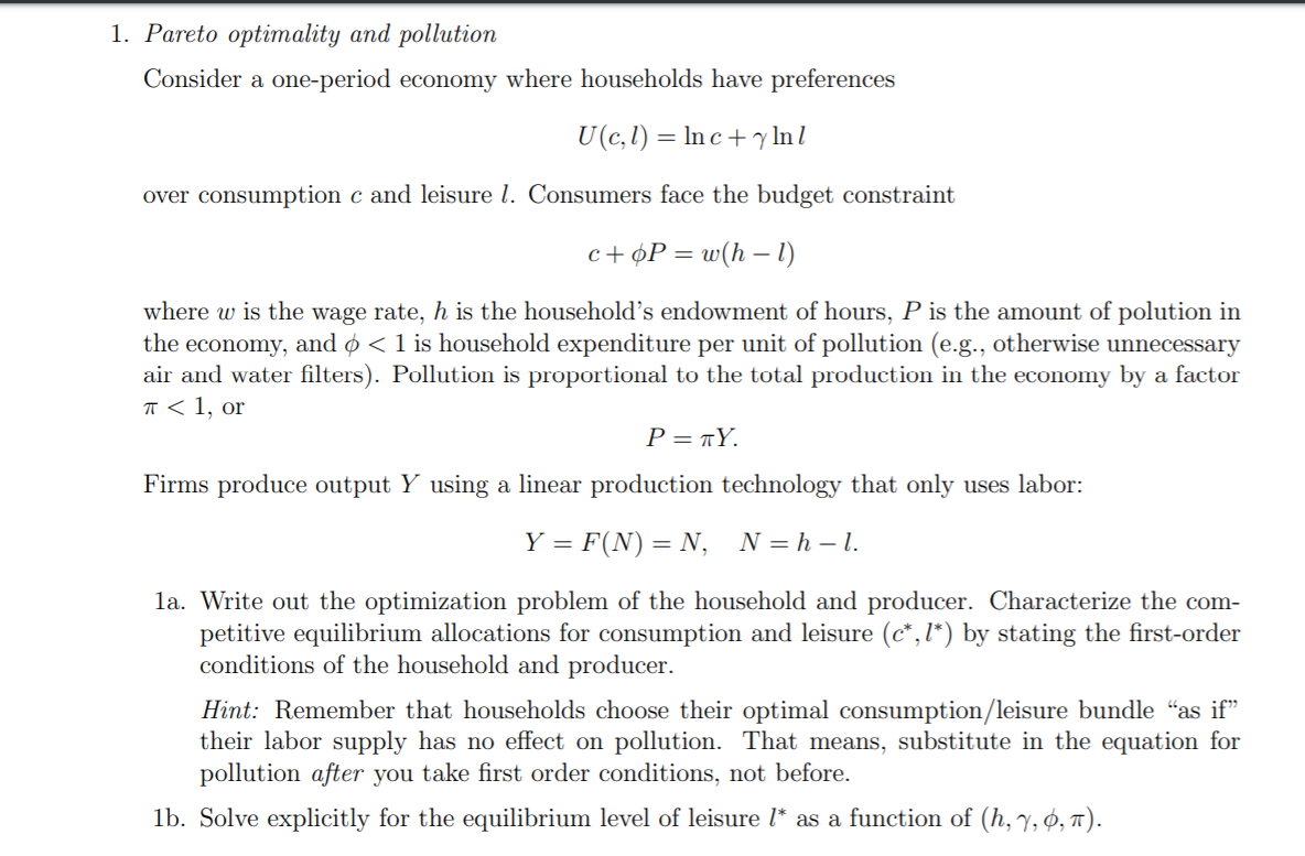 1. Pareto optimality and pollution Consider a | Chegg.com