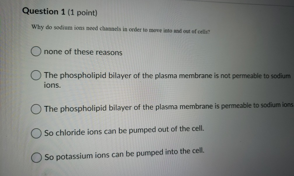 Solved Question 1 (1 point) Why do sodium ions need channels | Chegg.com