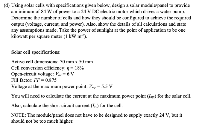 Solved Using solar cells with specifications given below, | Chegg.com