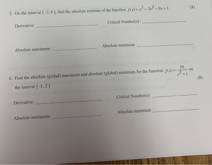Solved 5. On the interval [-2, 6], find the absolute extrema | Chegg.com