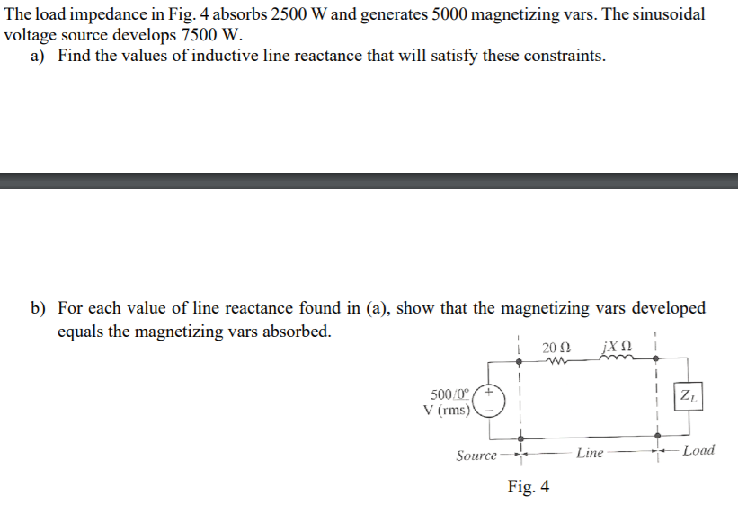Solved The load impedance in Fig. 4 absorbs 2500 W and | Chegg.com