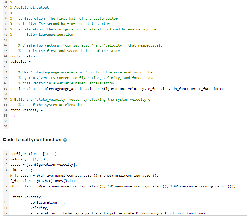 MATLAB homework help. I need configuration, velocity, | Chegg.com