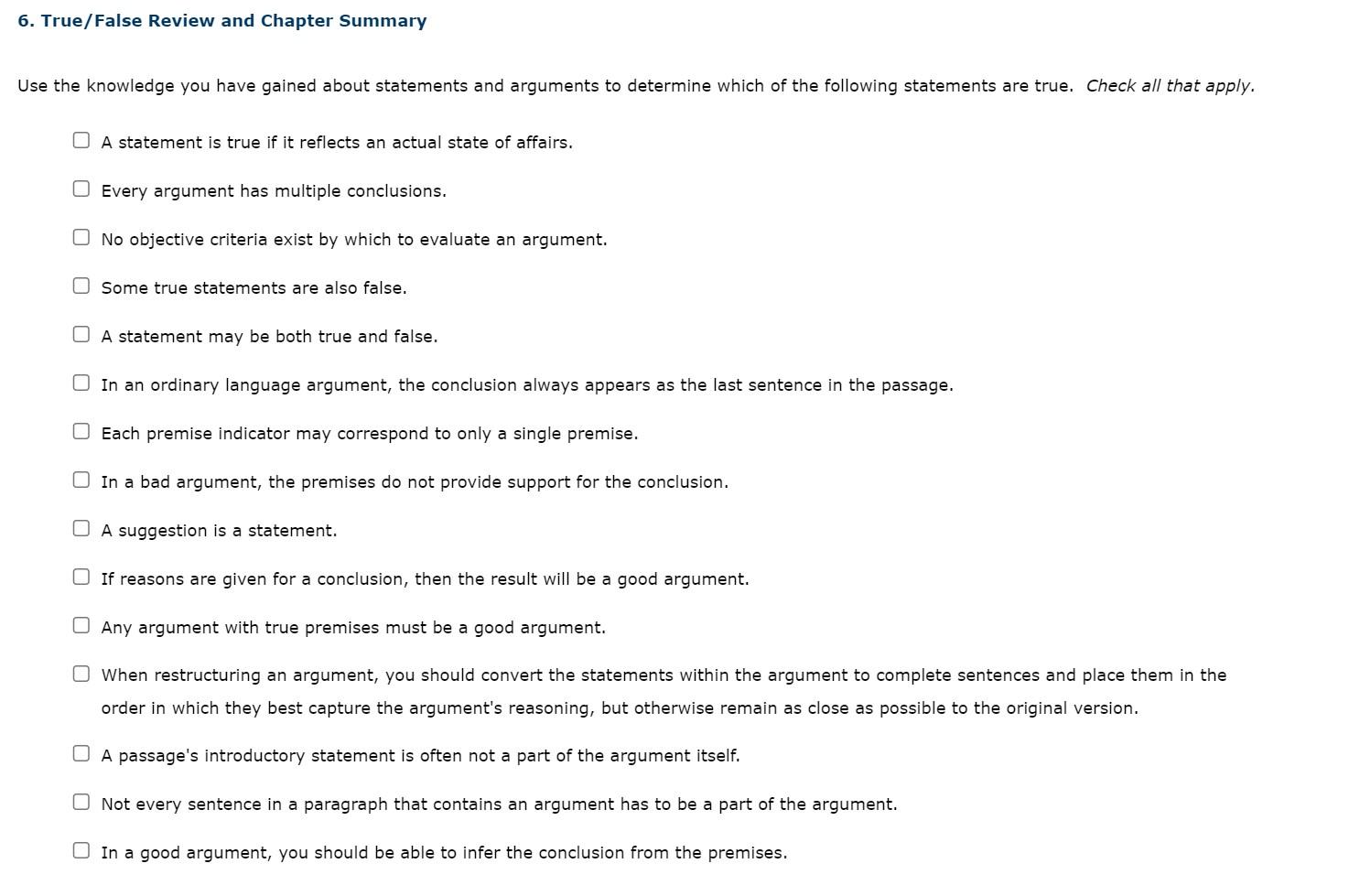 6. True/False Review and Chapter Summary Use the | Chegg.com