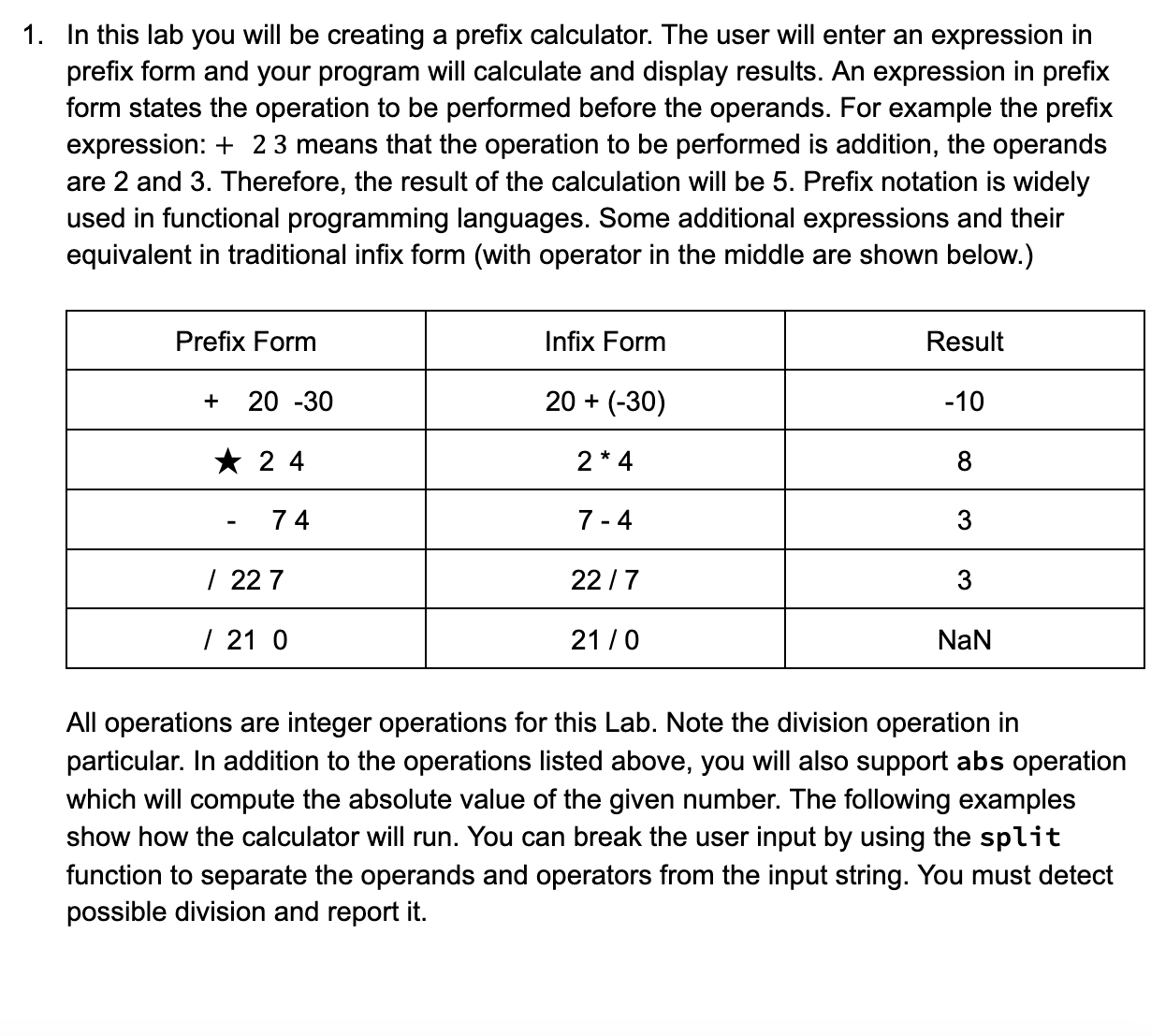 Solved In this lab you will be creating a prefix calculator. | Chegg.com