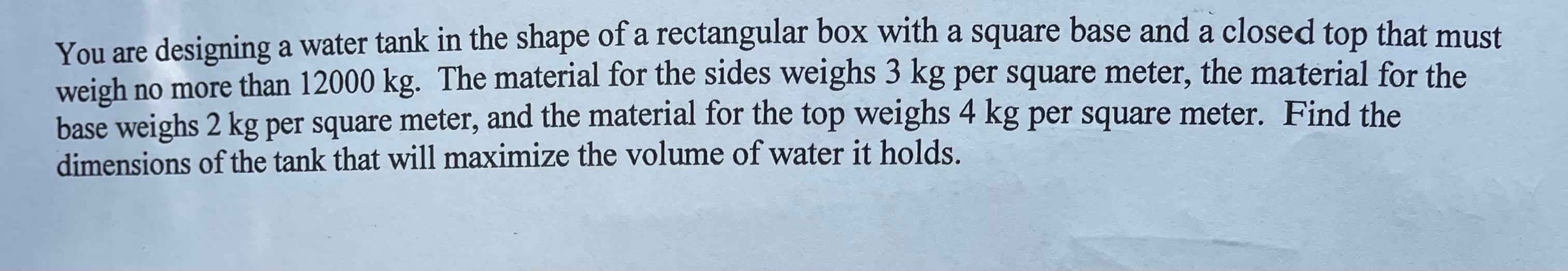 Solved You are designing a water tank in the shape of a | Chegg.com