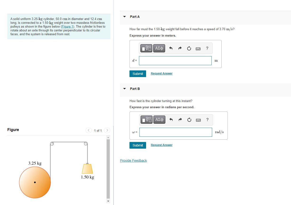 Solved A solid uniform 3.25−kg cylinder, 50.0 cm in diameter | Chegg.com