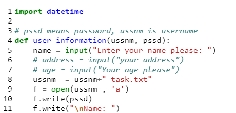 Solved 1 import datetime 2 3 \# pssd means password, ussnm | Chegg.com