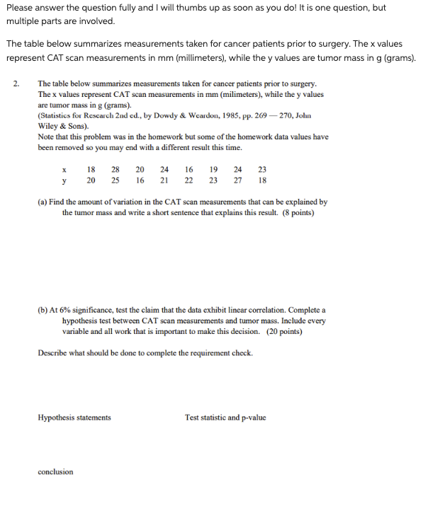 Solved The table below summarizes measurements taken for | Chegg.com