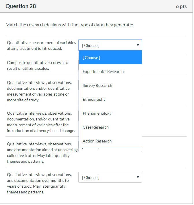 Solved Question 28 6 pts Match the research designs with the | Chegg.com
