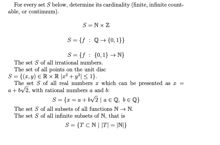 Solved For every set S below, determine its cardinality | Chegg.com