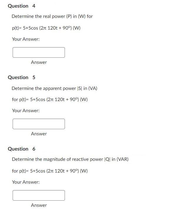 Solved Determine the real power (P) in (W) for | Chegg.com