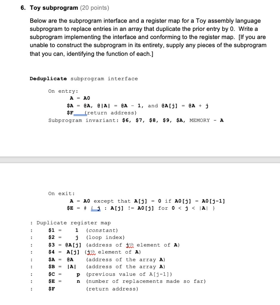 6. Toy subprogram (20 points) Below are the | Chegg.com