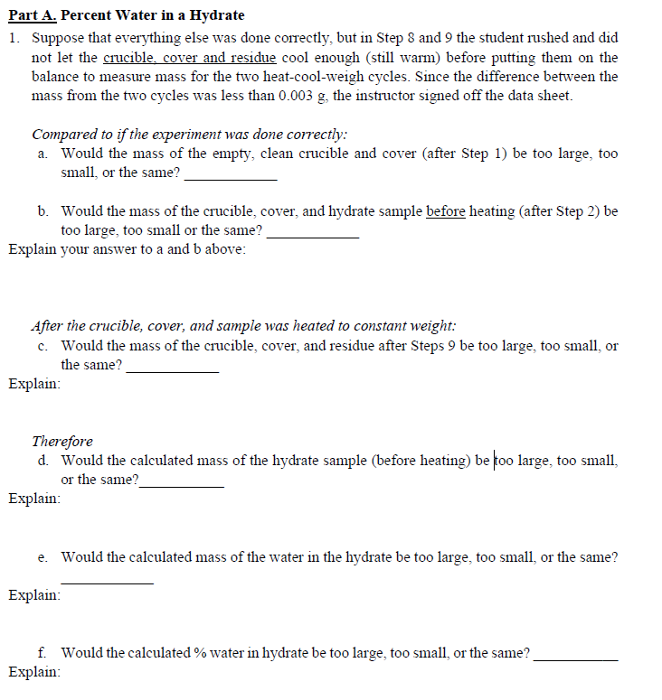 Solved Part A. Percent Water in a Hydrate 1. Suppose that | Chegg.com