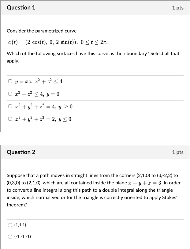 Solved Question 1 1 pts Consider the parametrized curve c(t) | Chegg.com