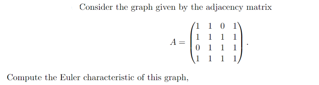 Solved Consider the graph given by the adjacency matrix 0 1 | Chegg.com
