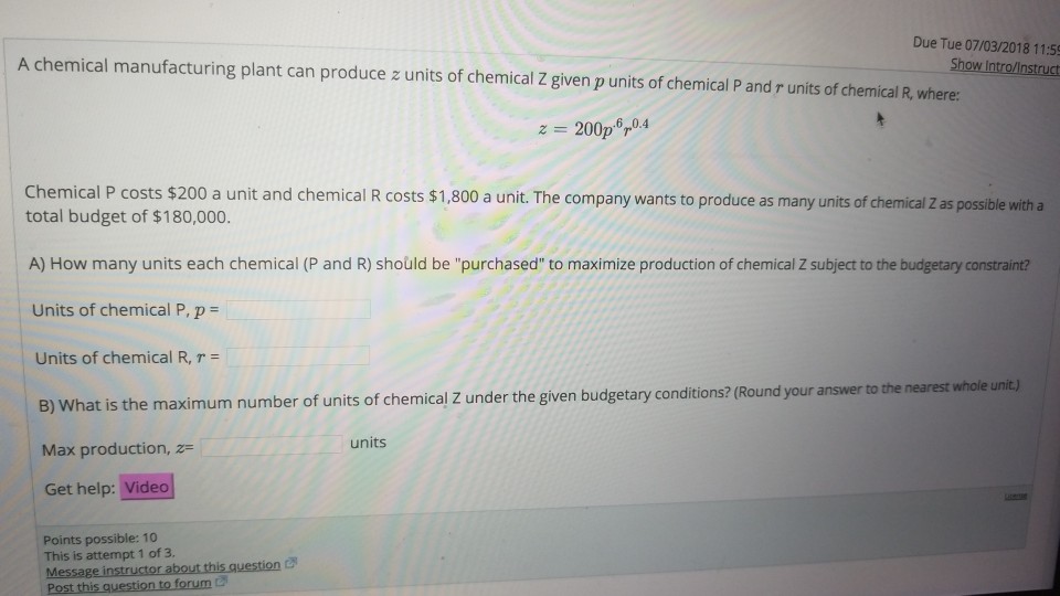 Solved A chemical manufacturing plant can produce z units of | Chegg.com