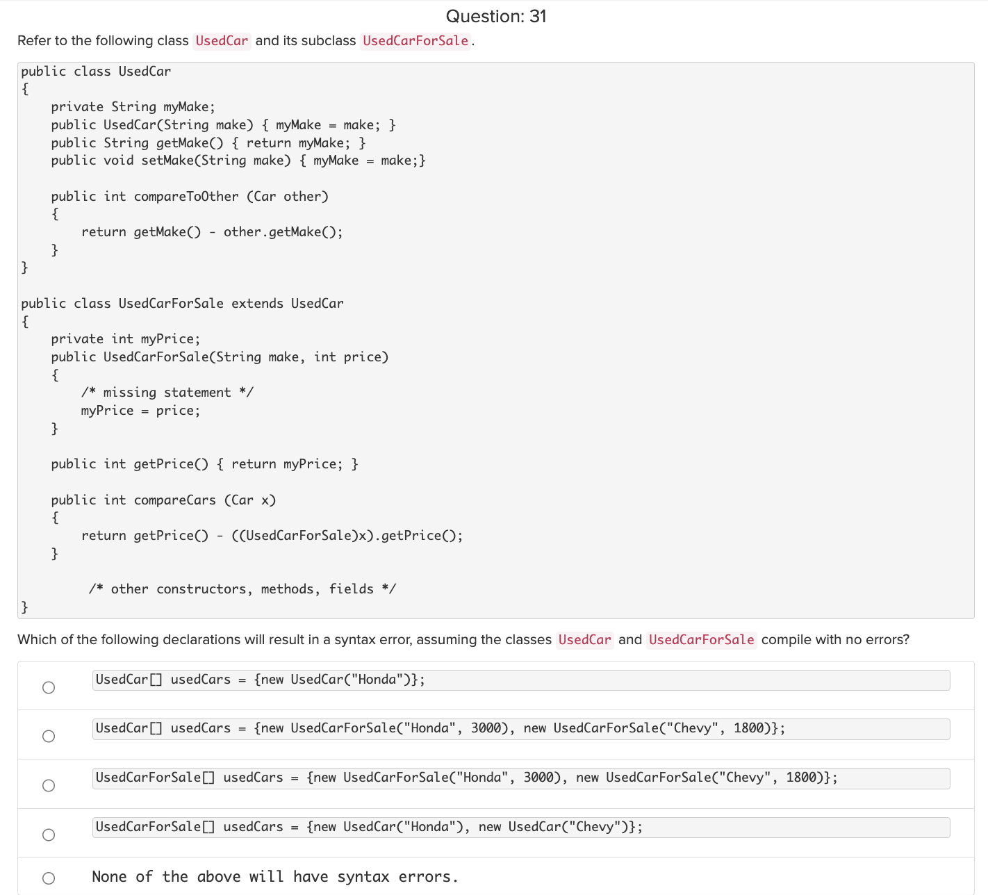 Solved Refer to the following class UsedCar and its subclass | Chegg.com