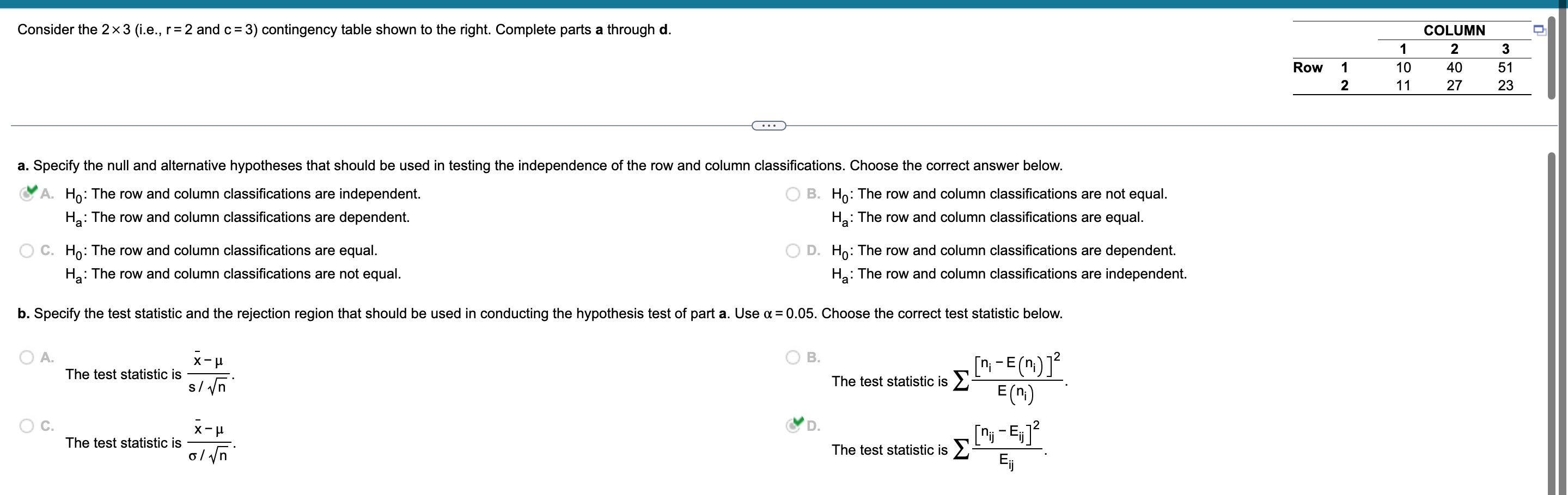 Solved Consider the 2x3 (i.e., r = 2 and c=3) contingency | Chegg.com