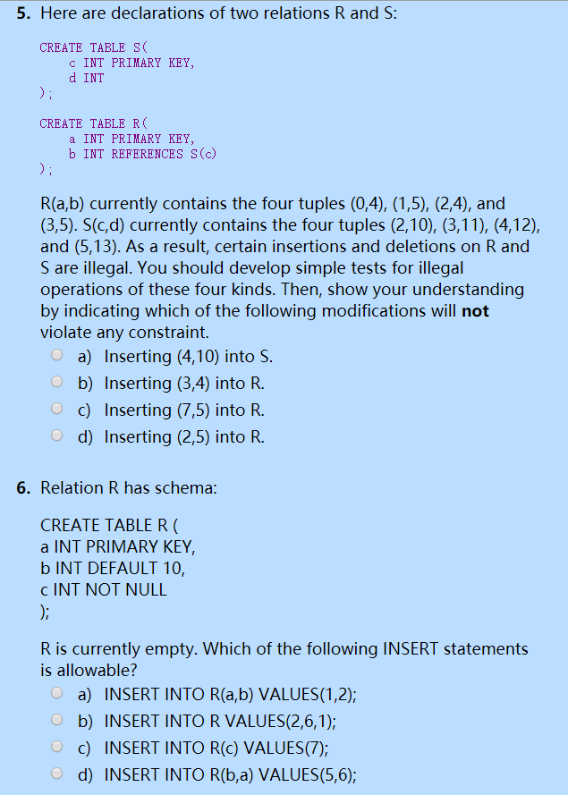 Solved 5. Here are declarations of two relations R and S: | Chegg.com