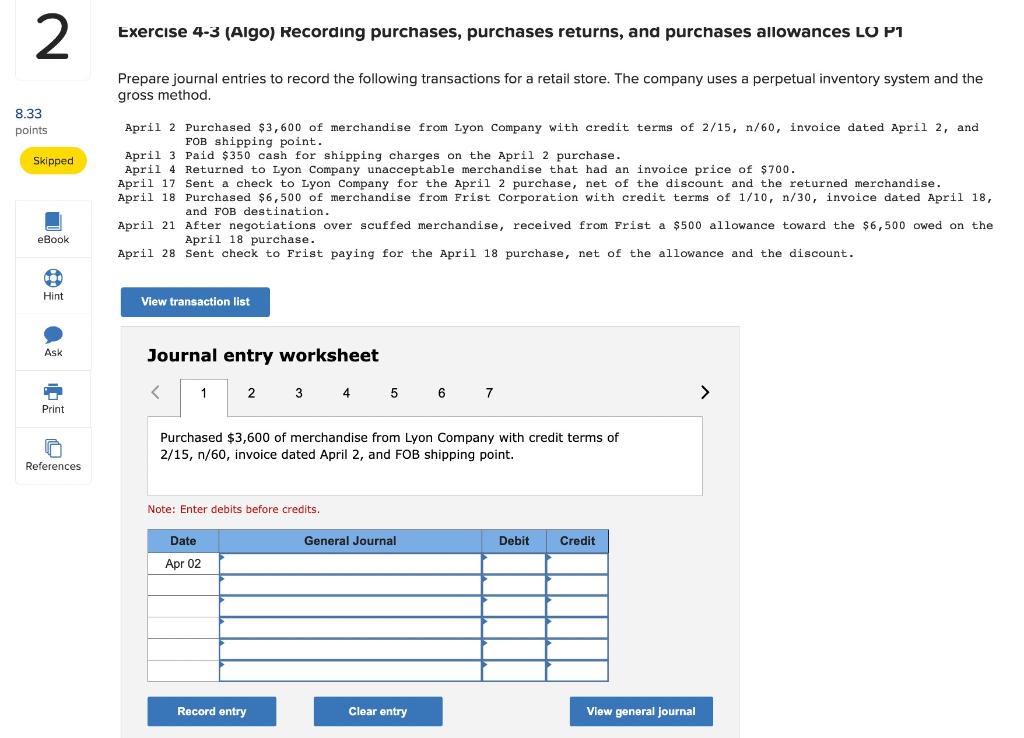 Solved Exercise 4-3 (Algo) Recording purchases, purchases | Chegg.com