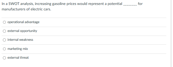 Solved In a SWOT analysis, increasing gasoline prices would | Chegg.com