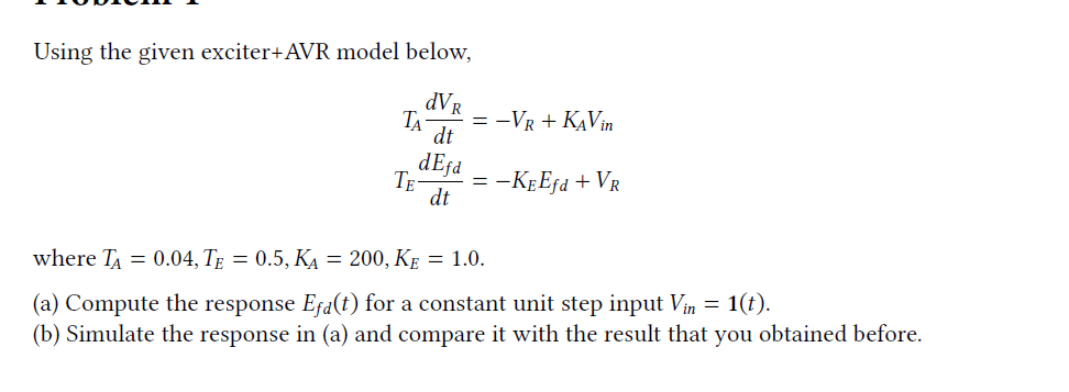 Solved Using the given exciter+AVR model below, | Chegg.com