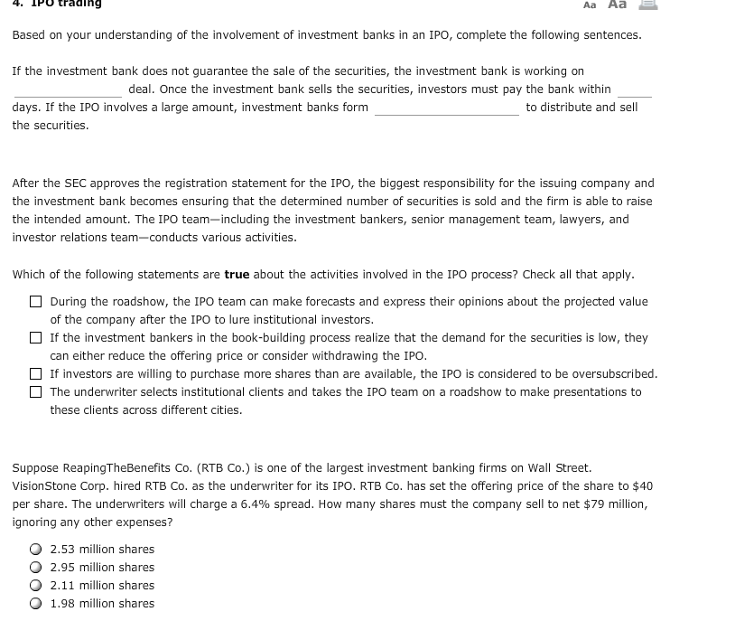4. IPU trading Aa Aa E Based on your understanding of | Chegg.com