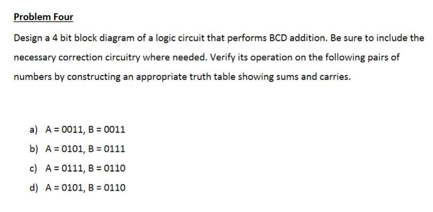 Solved Problem Four Design a 4 bit block diagram of a logic | Chegg.com