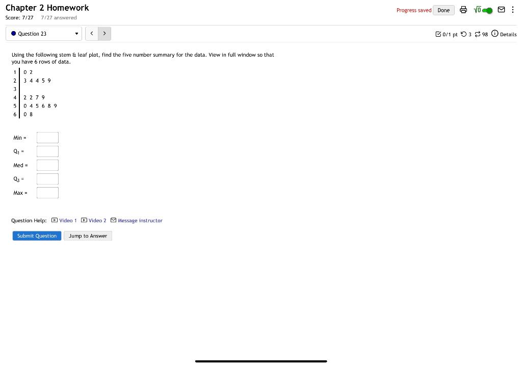 Using the following stem \& leaf plot, find the five | Chegg.com