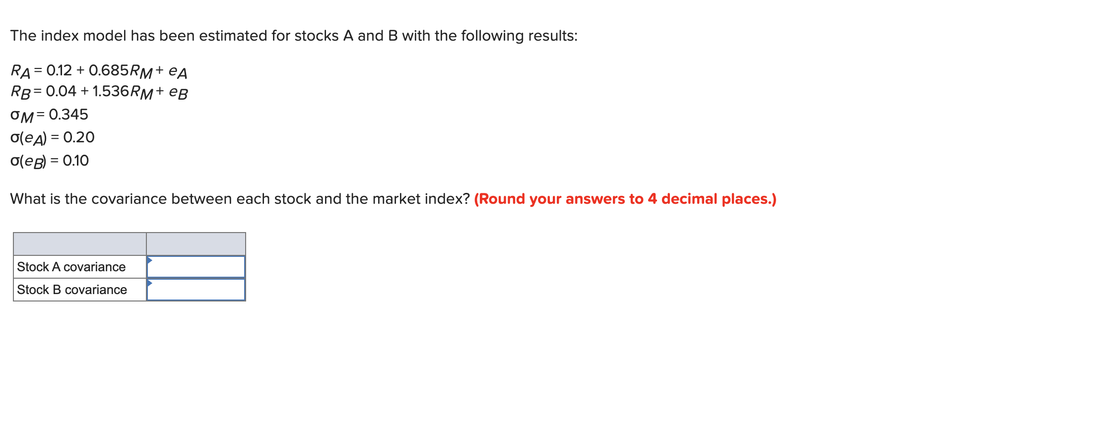 Solved The index model has been estimated for stocks A and B | Chegg.com