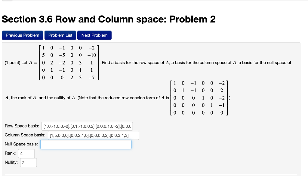 Solved Section 3.6 Row and Column space: Problem 2 Previous | Chegg.com