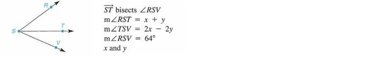 Solved ST bisects ∠RSV m∠RST=x+y m∠TSV=2x−2y m∠RSV=64∘ | Chegg.com