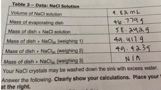 Solved 1. The % (w/v) NaCl in the saturated NaCl | Chegg.com